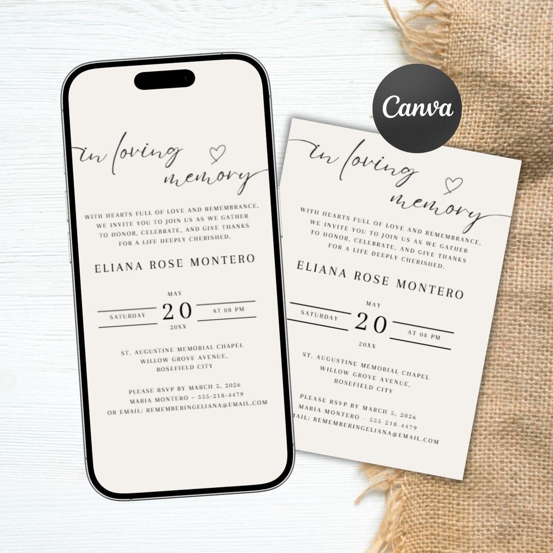 Memorial Service Invitation, Minimalist Funeral Announcement, Funeral ...