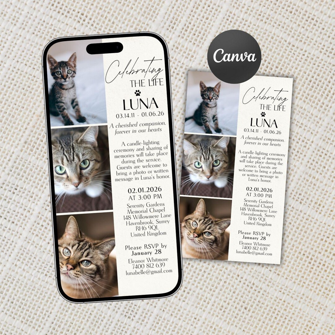 Pet Funeral Announcement, Cat Memorial Invitation, Obituary Digital ...