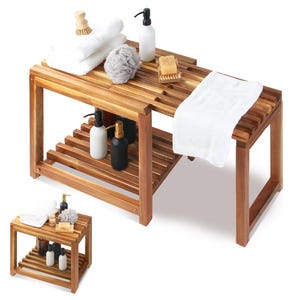 Acacia Wood Adjustable Length Shower Bench With Storage Shelf ...