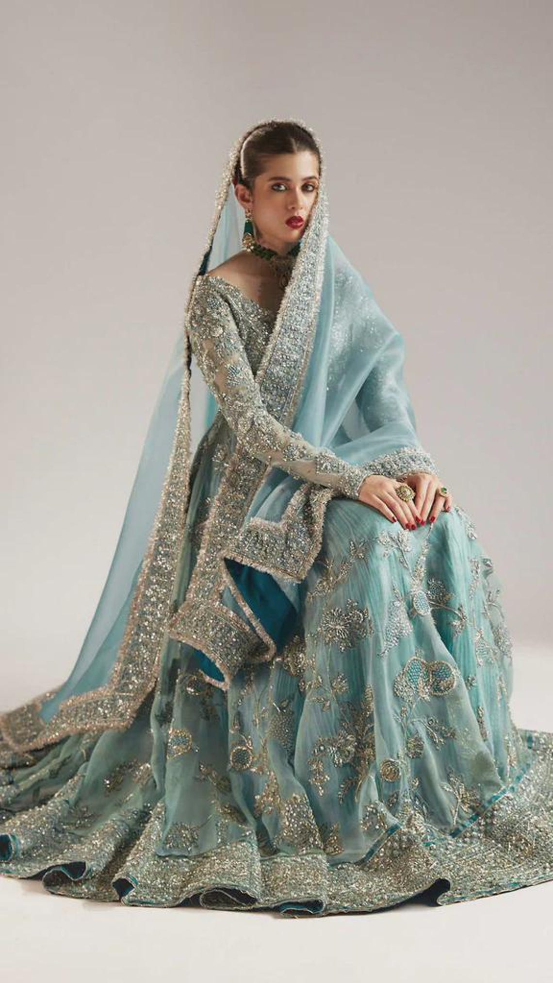 Ice Blue Pakistan Bridal Maxi Dress | Handmade Indian Nikah Peshwas ...