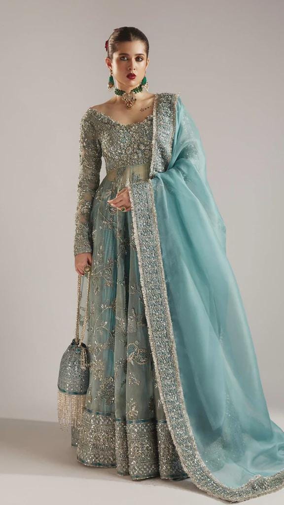 Ice Blue Pakistan Bridal Maxi Dress | Handmade Indian Nikah Peshwas ...