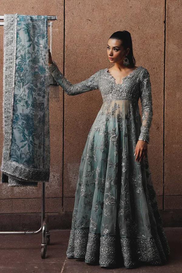 Ice Blue Pakistan Bridal Maxi Dress | Handmade Indian Nikah Peshwas ...