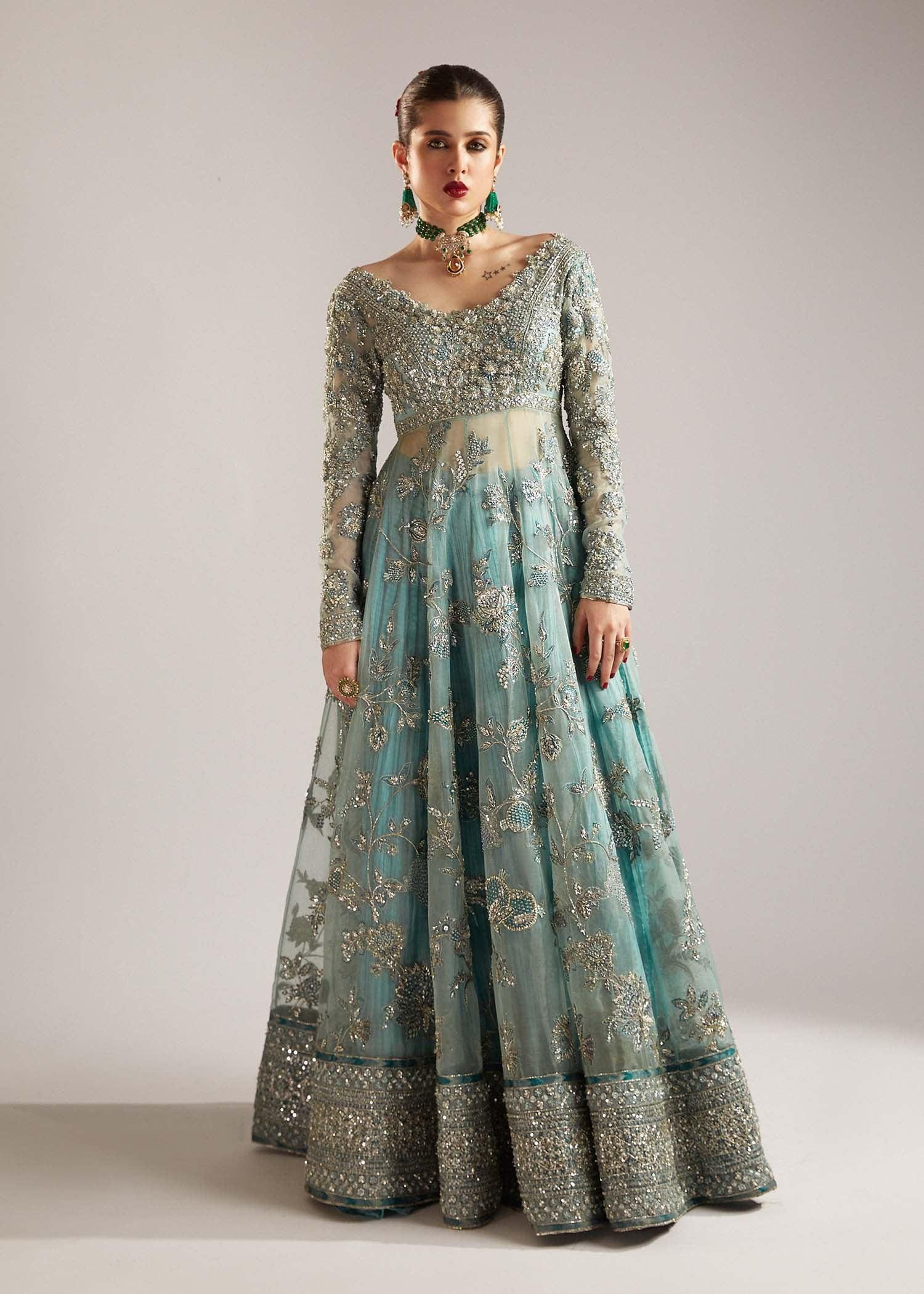 Ice Blue Pakistan Bridal Maxi Dress | Handmade Indian Nikah Peshwas ...