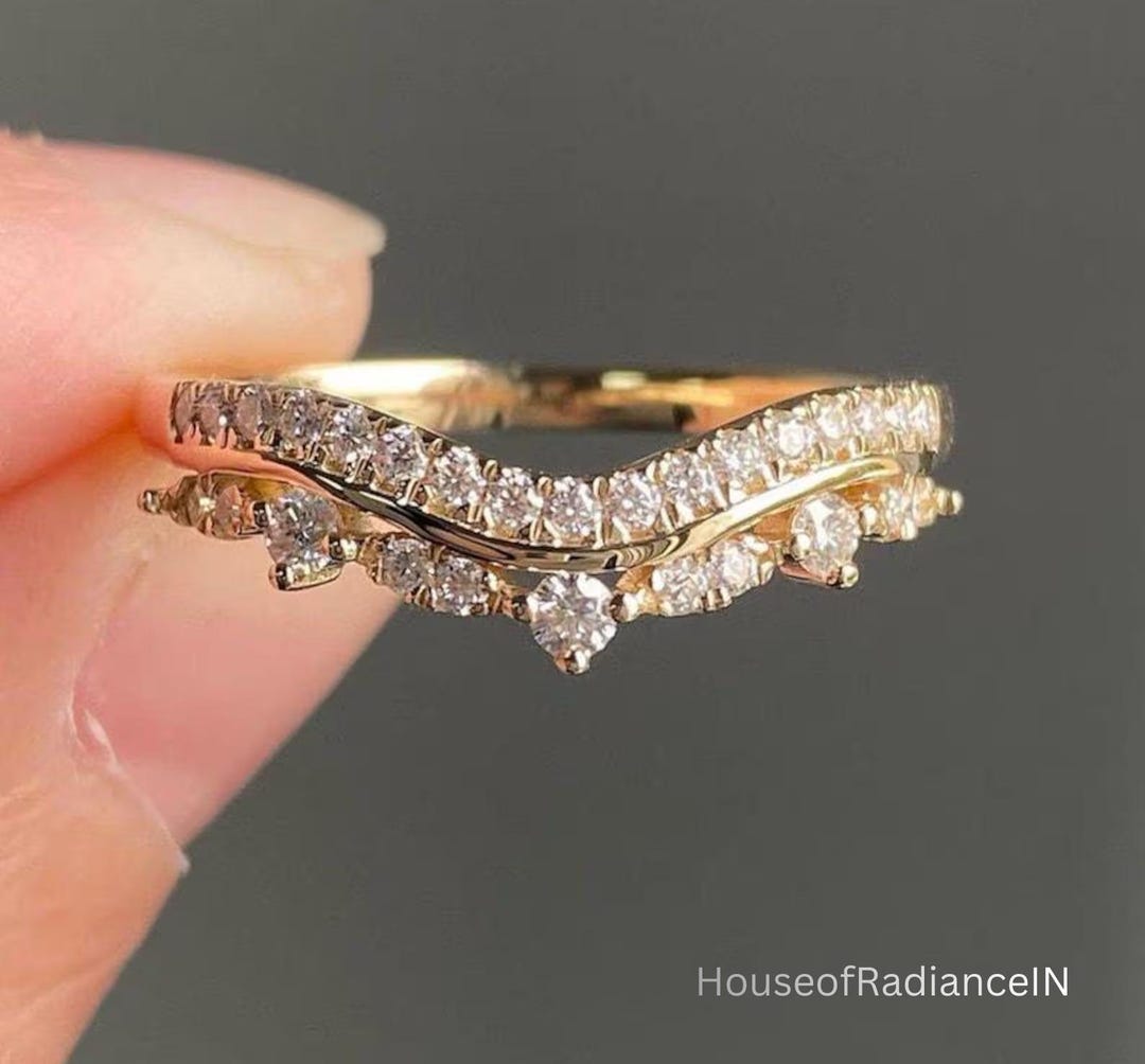 Curved Moissanite Wedding Band, Round Cut Chevron Band, Crown Wedding ...