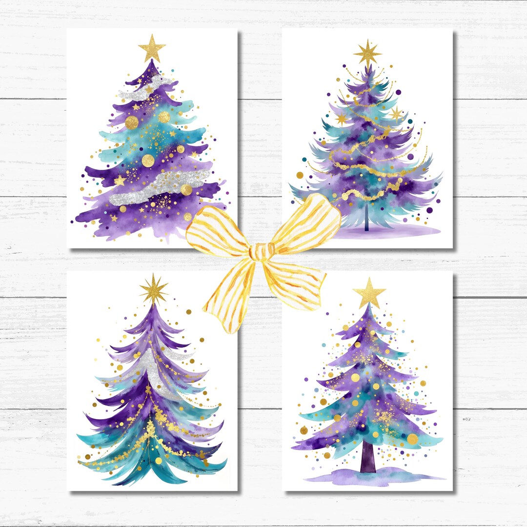 Watercolor Christmas Tree Clipart Set: Purple Teal Gold (jpegs) - Etsy