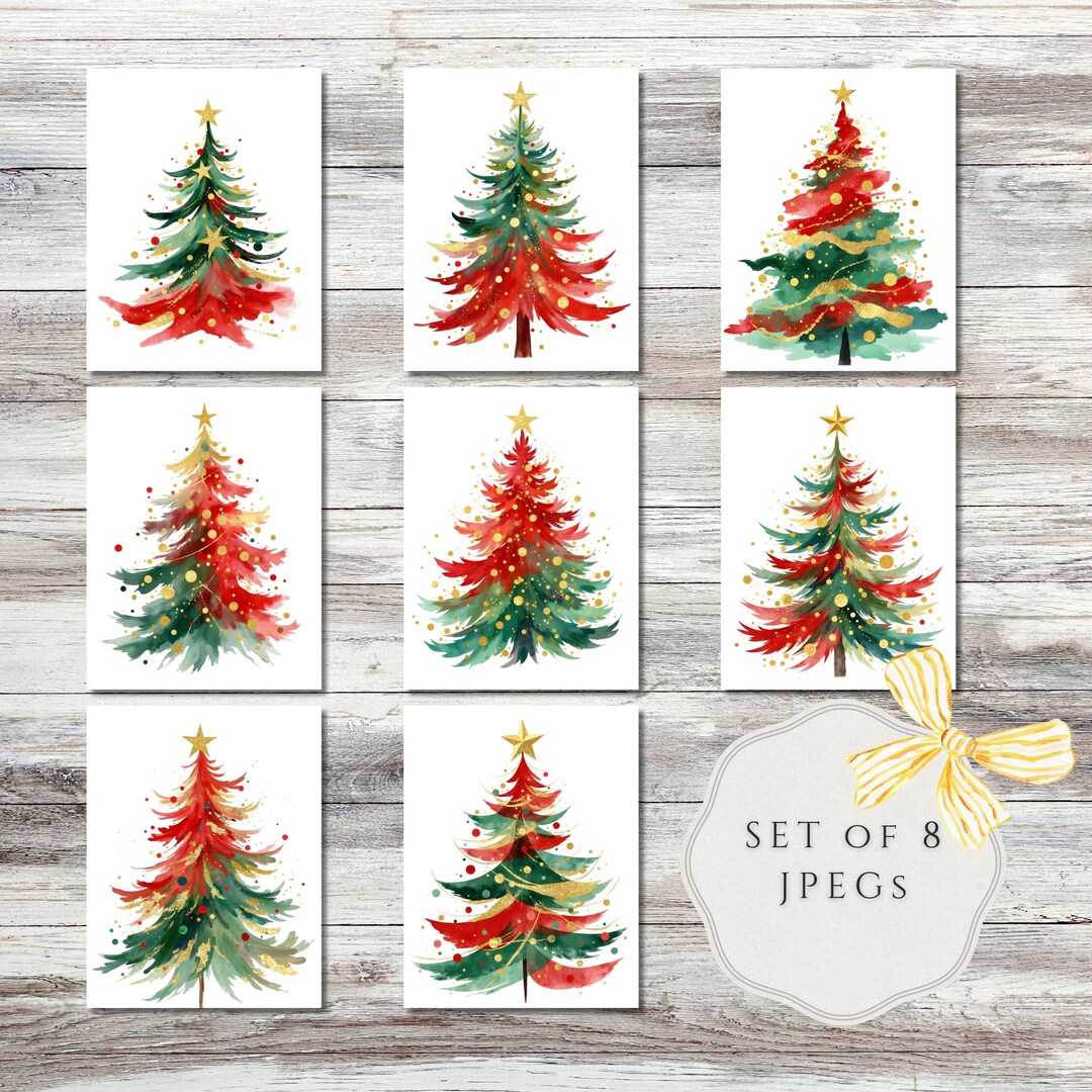 Watercolor Christmas Tree Clipart: Red, Green & Gold (digital Download ...