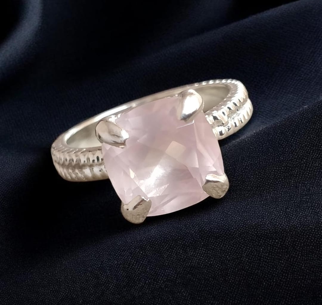 Rose Quartz Solitaire Ring: Cushion Cut Rose Quartz Ring, 925 Sterling ...