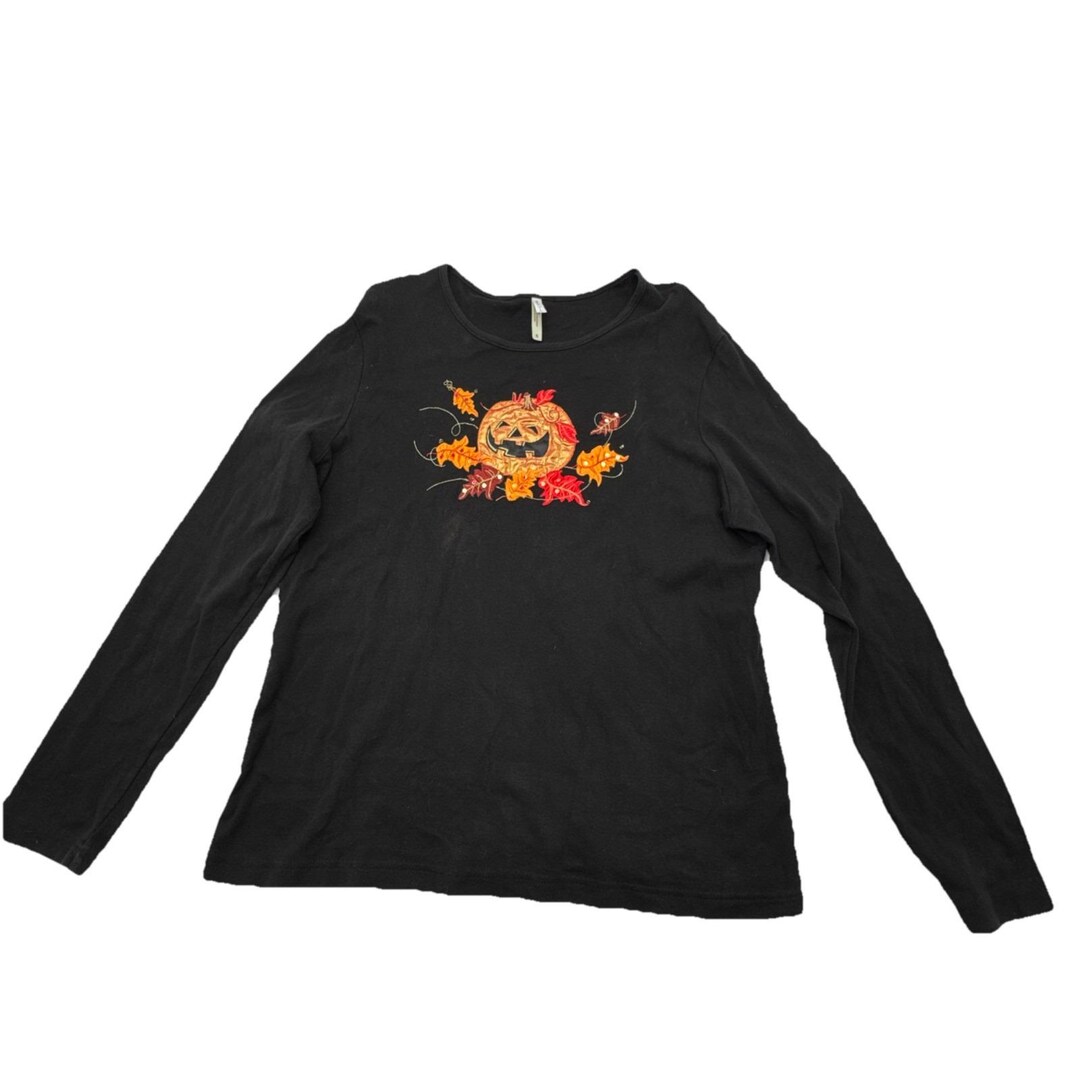 White Stag Halloween Embroidered Pumpkin Leaves Long Sleeve Vintage X ...