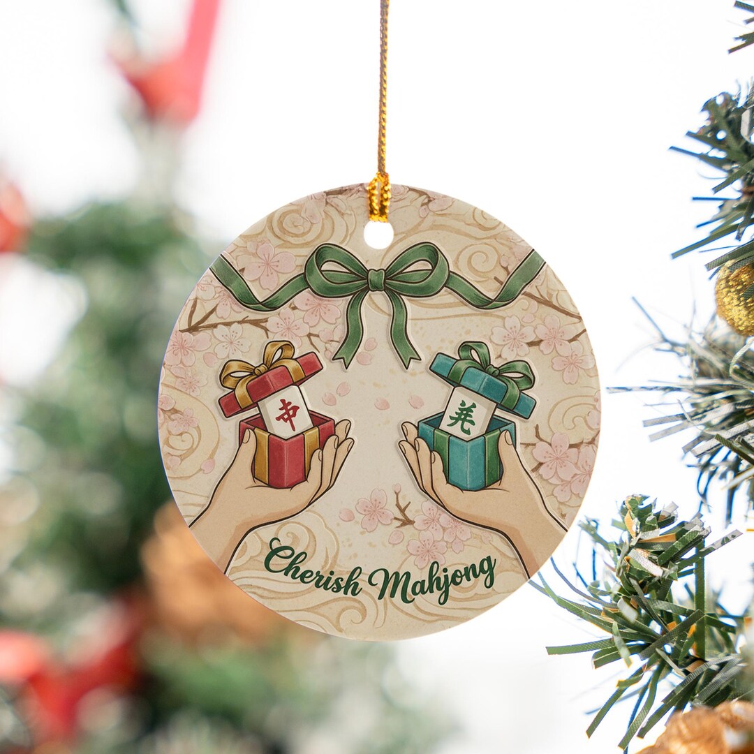 Mahjong Ornament: Ceramic Round Christmas Tree Decoration With Gift ...