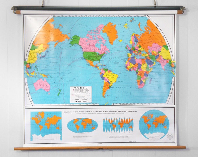 Vintage Pull Down Classroom Map - Map of World - Etsy