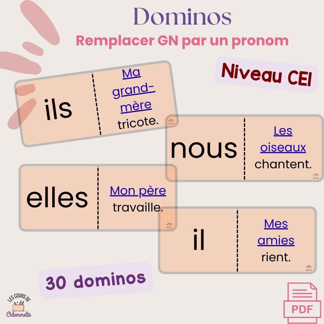Pronoun Dominoes for Grade 1 - Replacing Noun Phrases With Pronouns ...