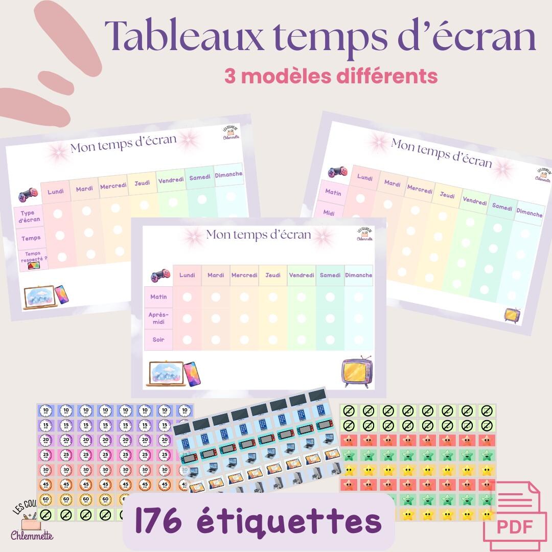 Printable Screen Time Charts – 3 Templates + 3 Sheets of Velcro Labels ...