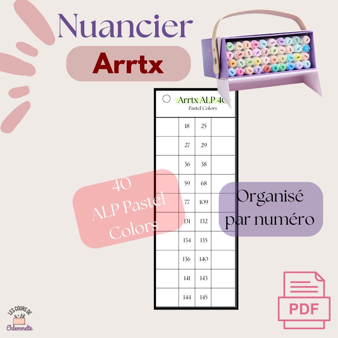Arrtx ALP 40 Pastel Colors Color Charts – Sorted by Number (PDF) - Etsy ...