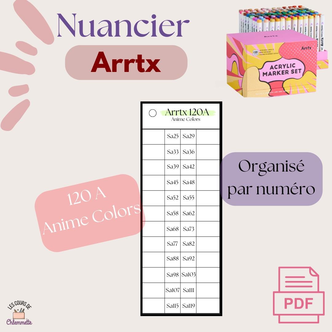 Arrtx 120 A Anime Colors Color Charts – Sorted by Number (PDF) - Etsy