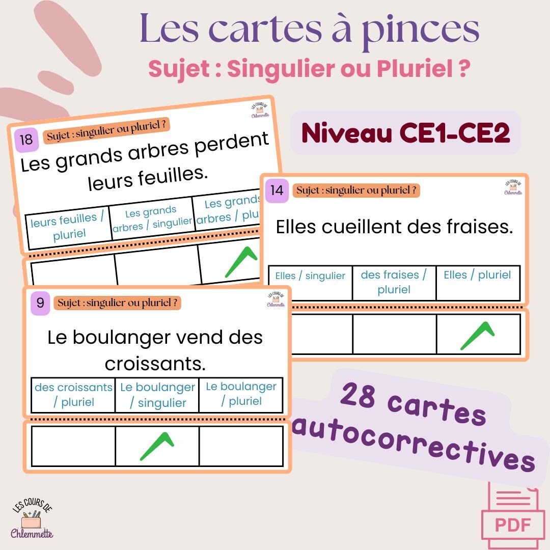 Cartes à Pinces SINGULIER OU PLURIEL Sujet Verbe Grammaire CE1 CE2 1re ...