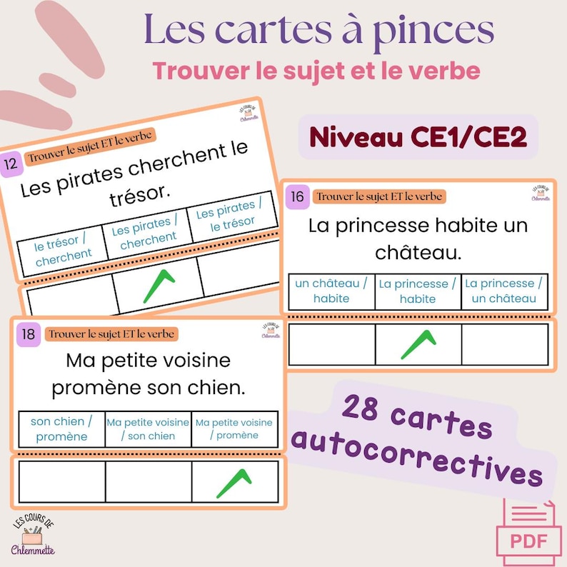 Cartes à Pinces "trouve Le Sujet Et Le Verbe" Grammaire CE1 CE2 1re 2e ...