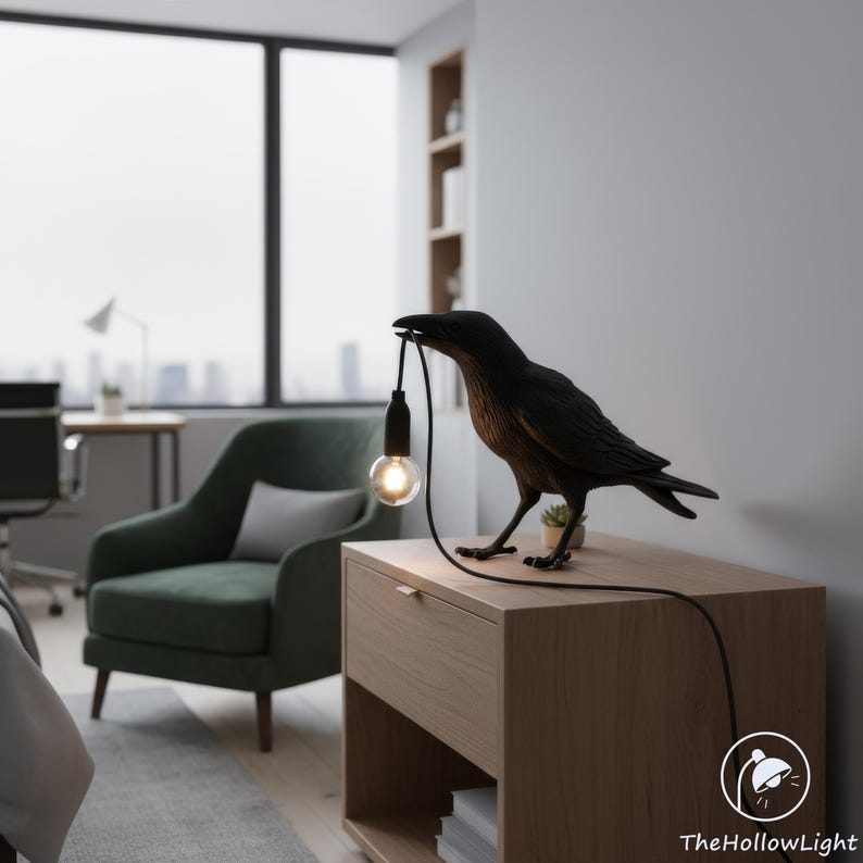 Resin Craft Raven Table Lamp | Crow Figurine Holding Bulb | Gothic Desk ...