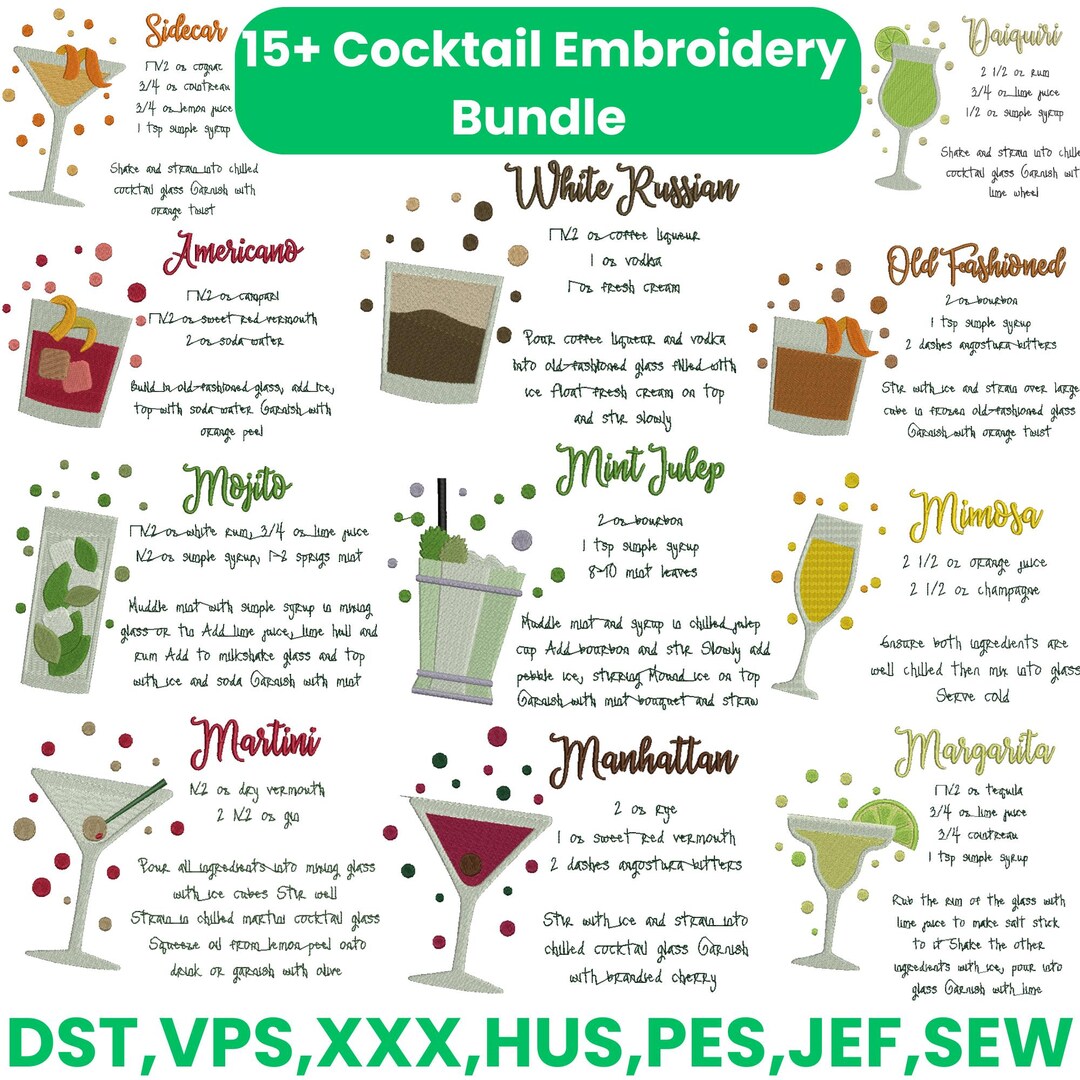 Cocktail Embroidery Design, Cocktail Recipe Embroidery, Martini ...