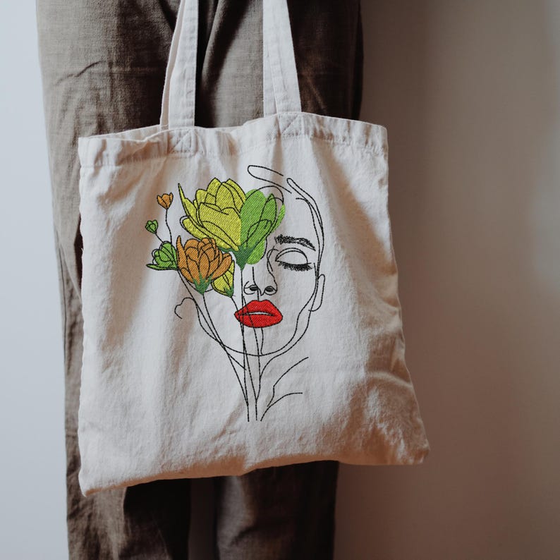 Floral Lady Embroidery Design | Woman Line Art Face Floral Portrait ...