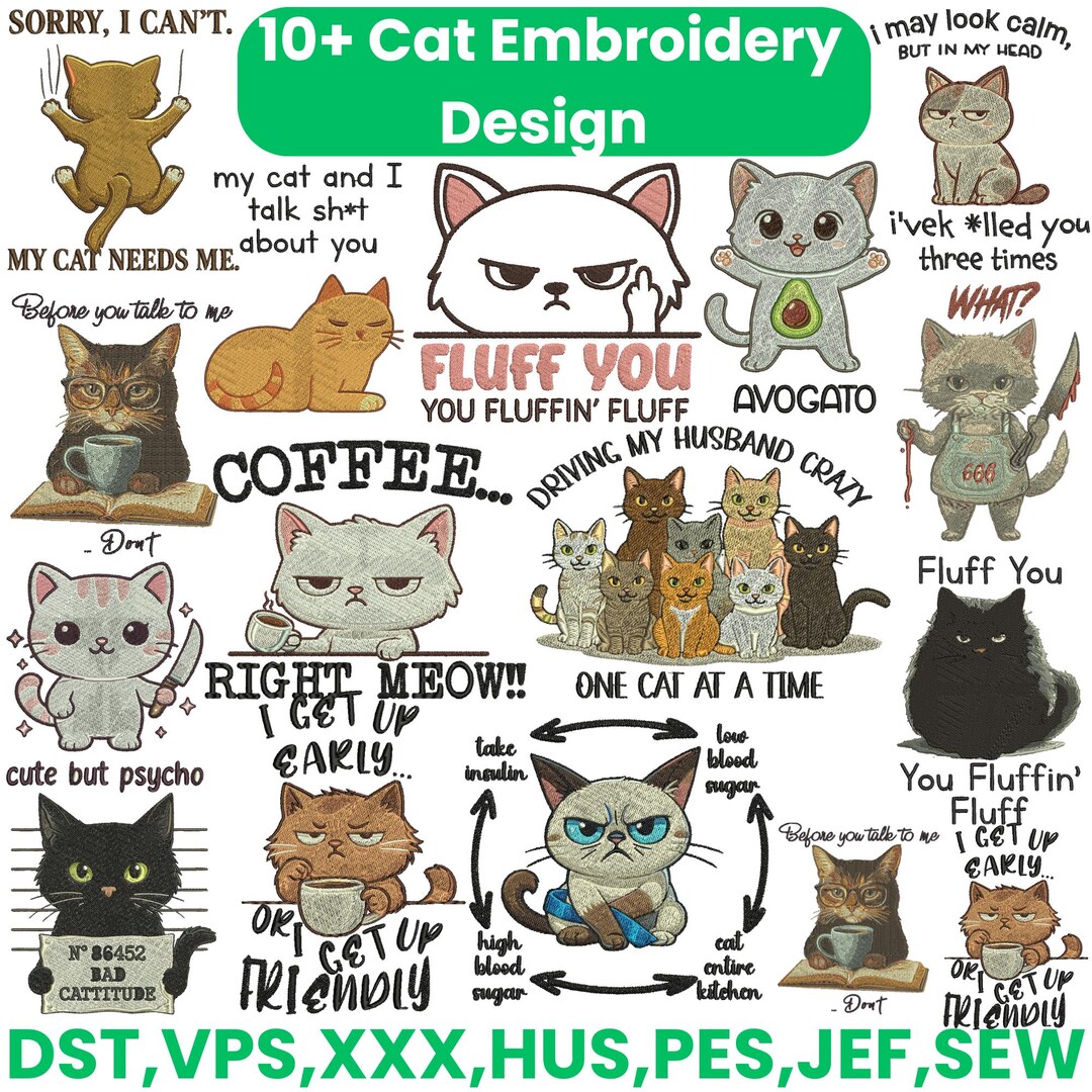 Funny Sarcastic Cat Embroidery Design, Cat Embroidery, Grumpy Cat ...