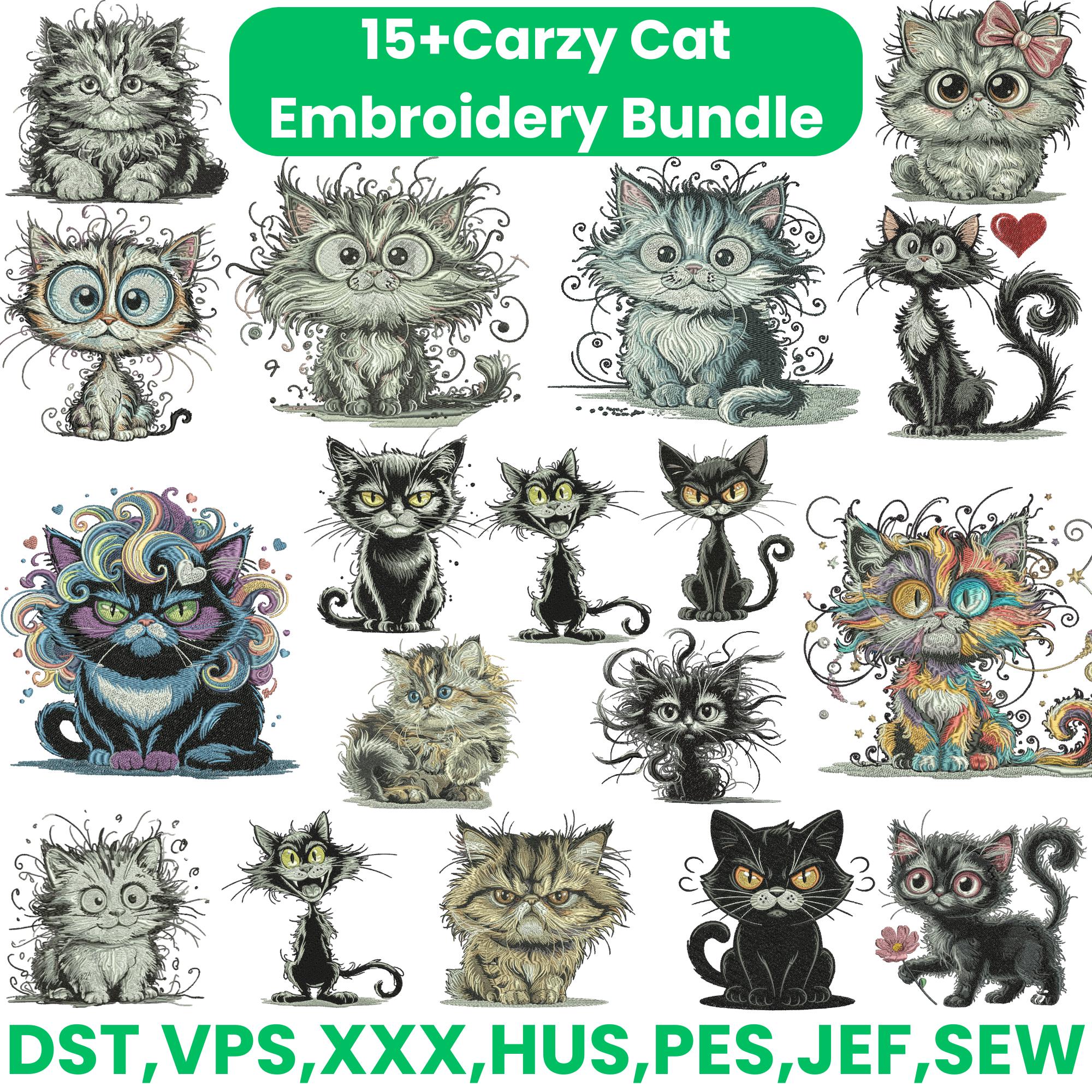 Crazy Cats Embroidery Design, Fluffy Cat, Kitten Embroidery, Quirky Cat ...