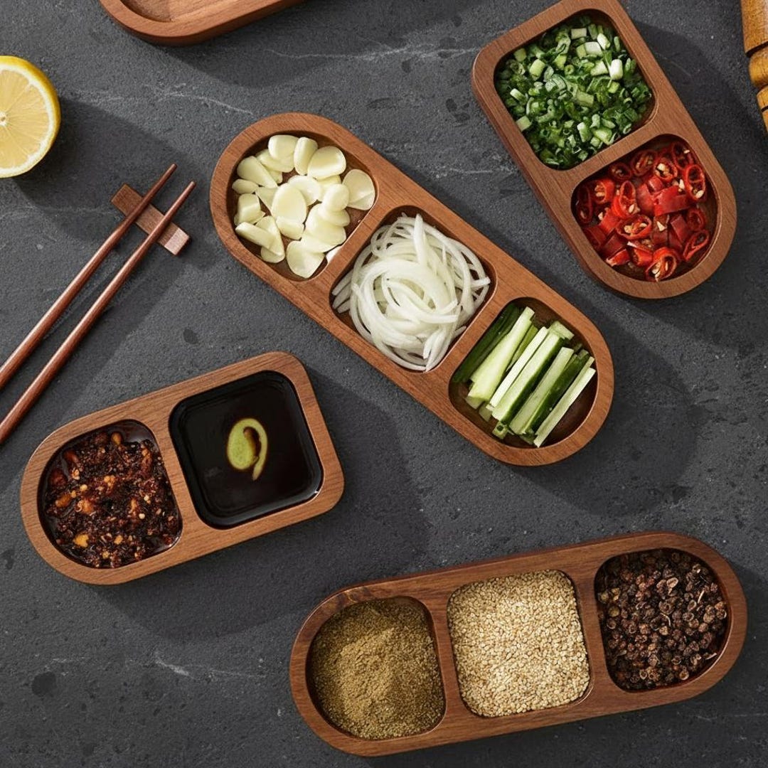 Wooden Condiment Dish Set | Handmade Multi-compartment Spice & Sauce ...