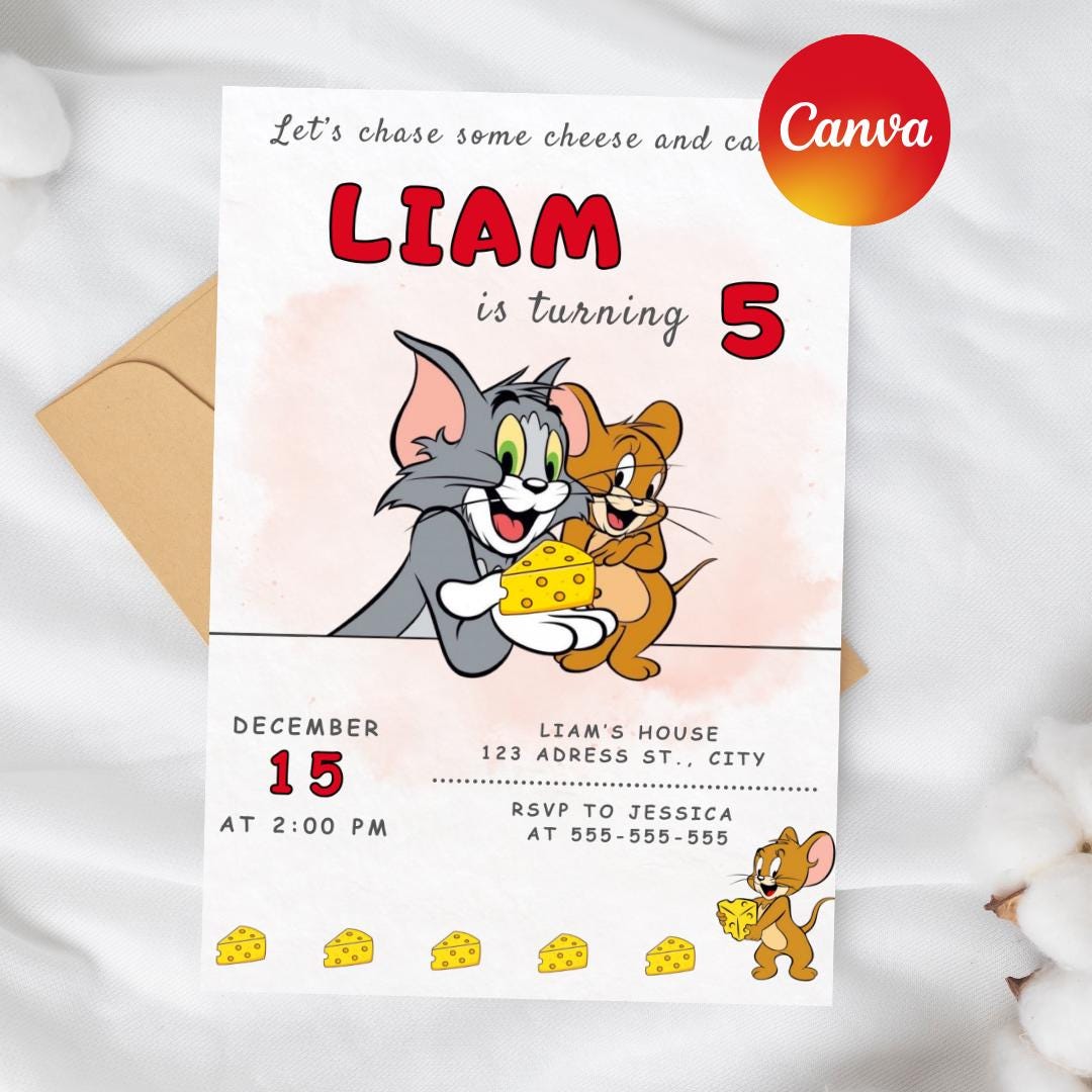 Editable Tom and Jerry Birthday Invitation, Canva Template - Etsy