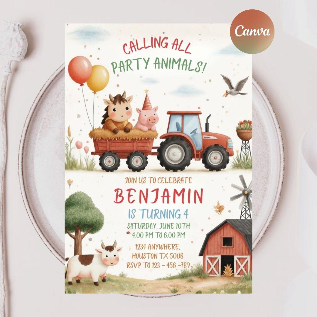 Editable Barn Animals Birthday Invitation, Editable Canva Template - Etsy