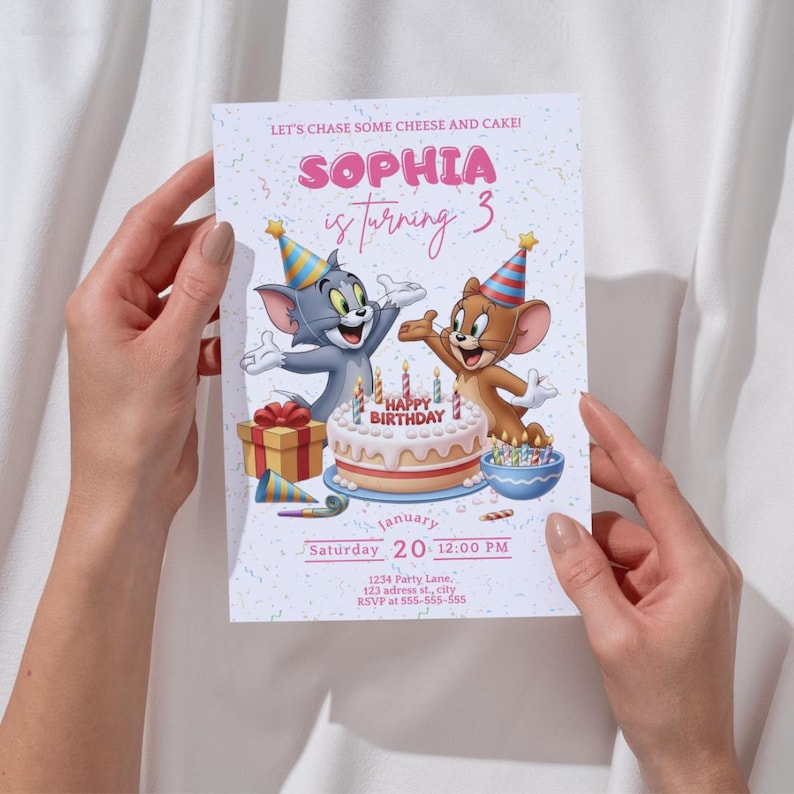 Editable Tom and Jerry Birthday Invitation, Pink AND Blue: Canva ...