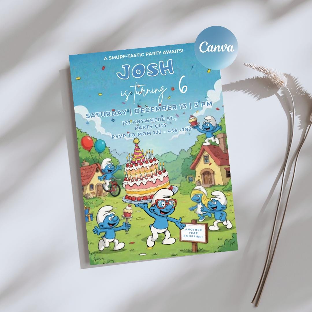 Editable Smurfs Birthday Invitation, Canva Template - Etsy