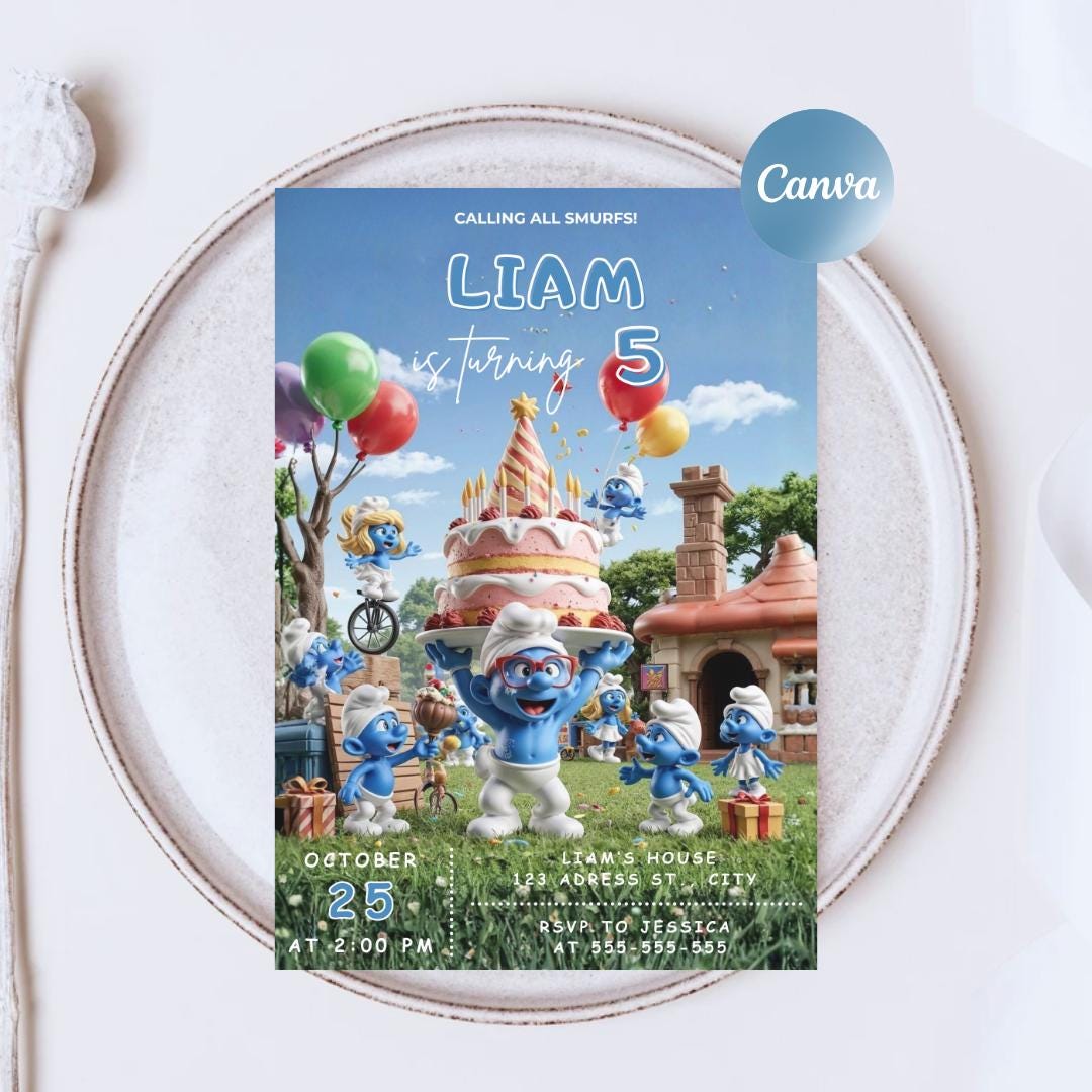 Editable Smurfs Birthday Invitation, Canva Template - Etsy