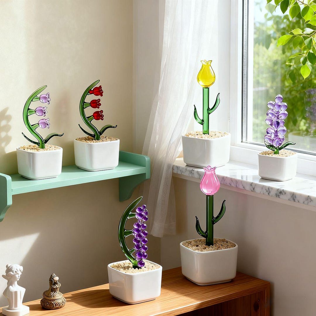 Handcrafted Colored Glaze Decor：potted Green Plants & Flowers ...