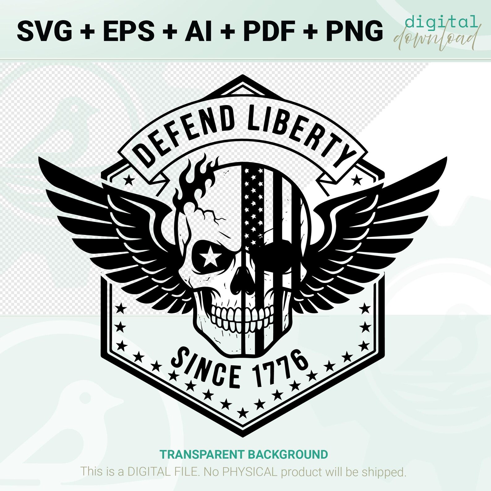 Defend Liberty SVG: Winged Skull With USA Flag, Hex Shield, Since 1776 ...