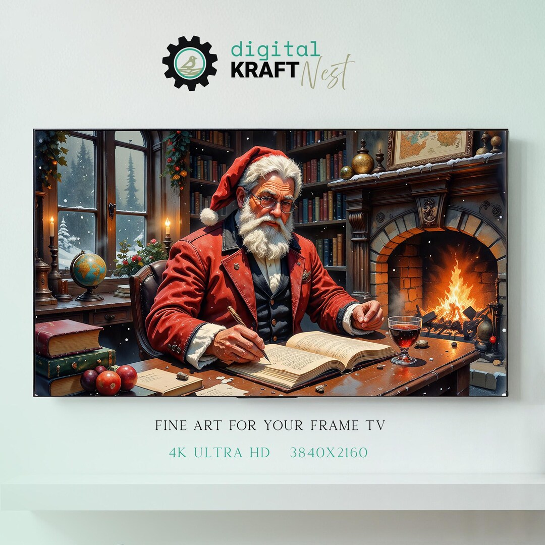 Cozy Christmas Office Frame TV Art, Santa at Desk Painting, Dark ...
