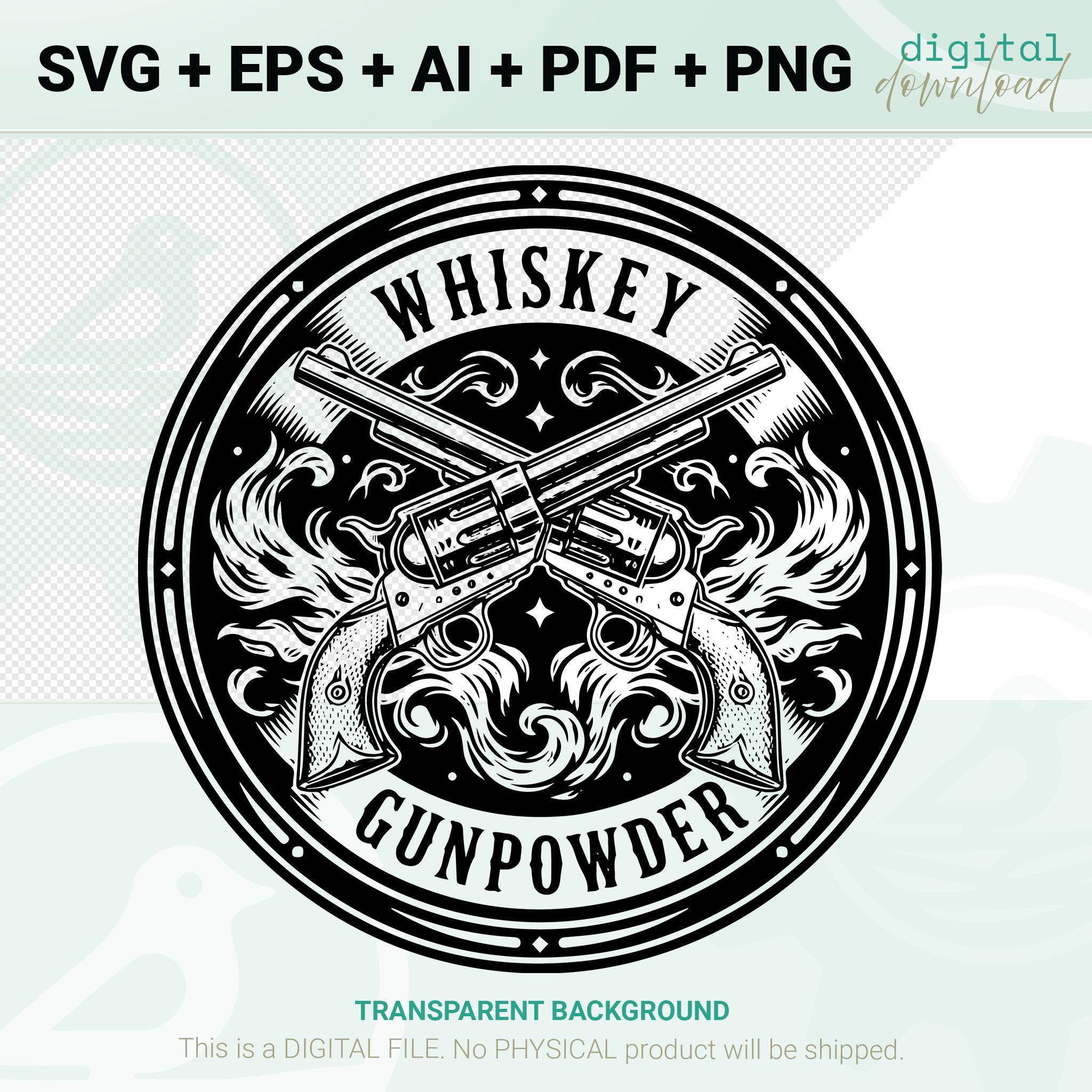 Whiskey Gunpowder SVG: Crossed Revolvers Emblem With Flames, Western ...