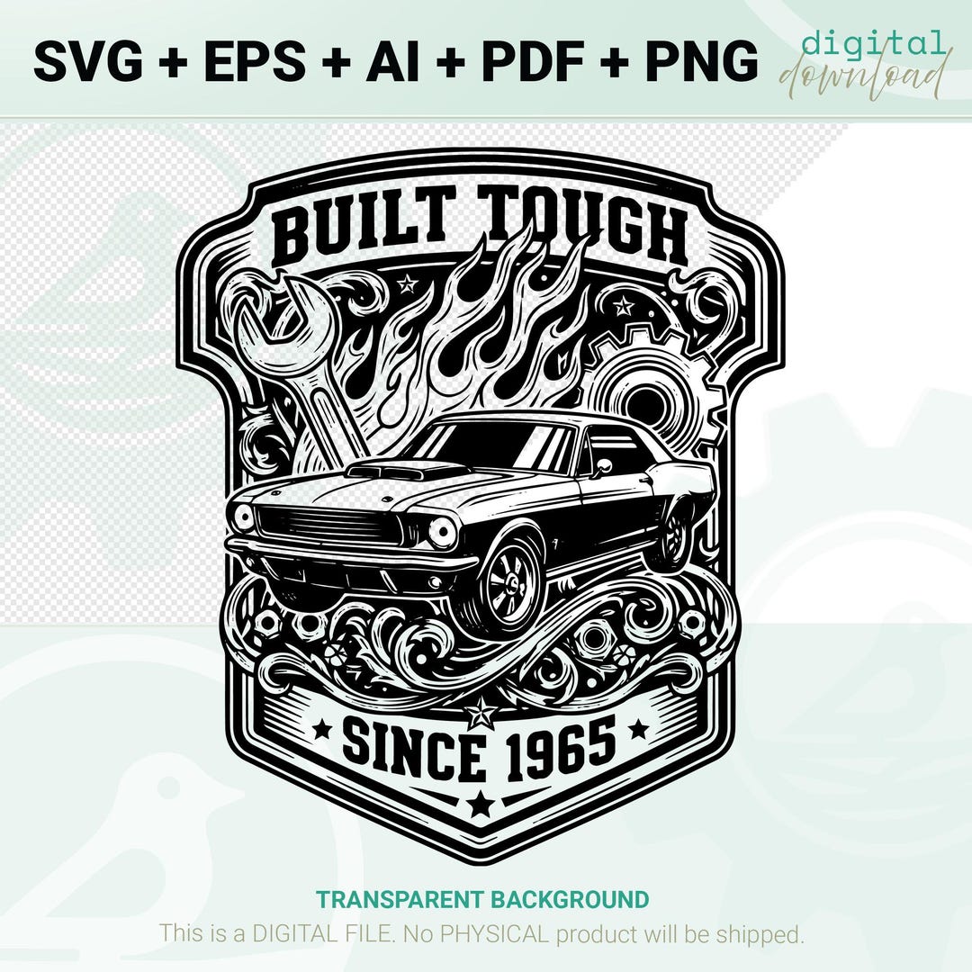 Classic Muscle Car SVG: Built Tough Since 1965 Badge, Flames Wrench ...