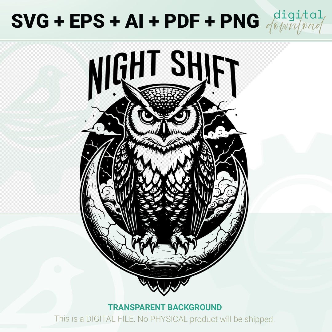 Night Shift Owl SVG: Owl on Crescent Moon, Storm Clouds & Lightning ...