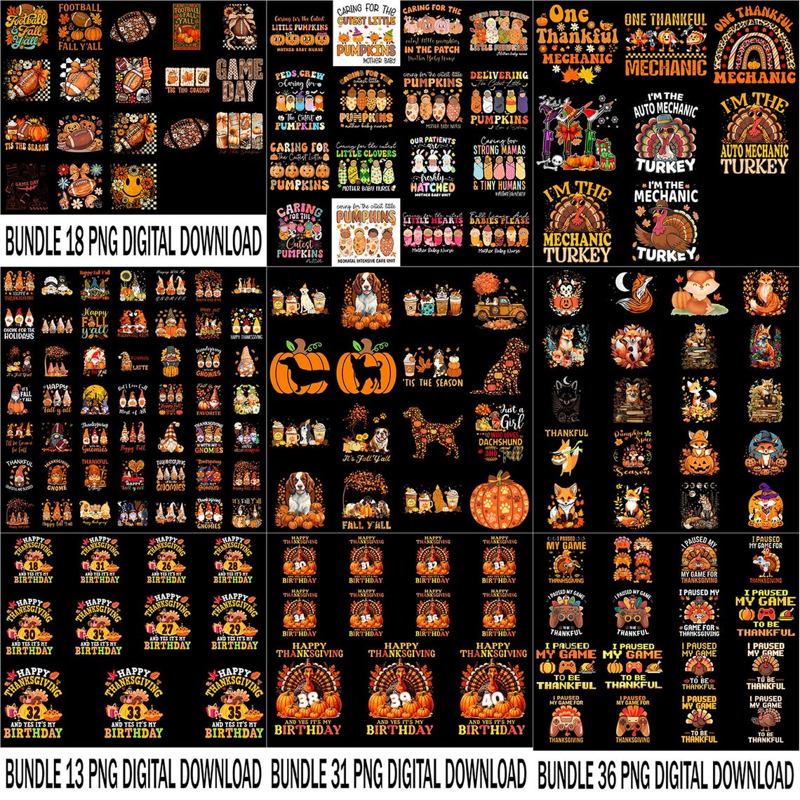 Huge 1000+ Thanksgiving PNG Bundle, Fall Autumn Clipart Pack, Pumpkin ...