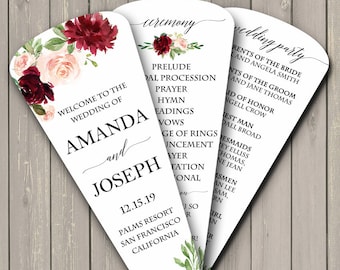 Shabby Chic Wedding Program Fans, Petal Fan Programs, Floral Fan Programs, Wine Colored Wedding ...