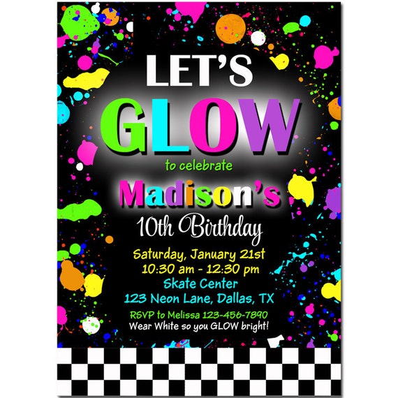 GLOW Invitation Printable Or Printed With FREE Shipping Skating 