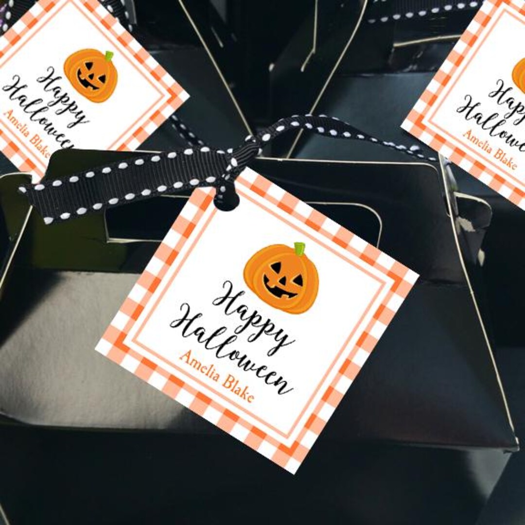 Personalized Halloween Pumpkin Gingham Tag Label Printed Birthday ...