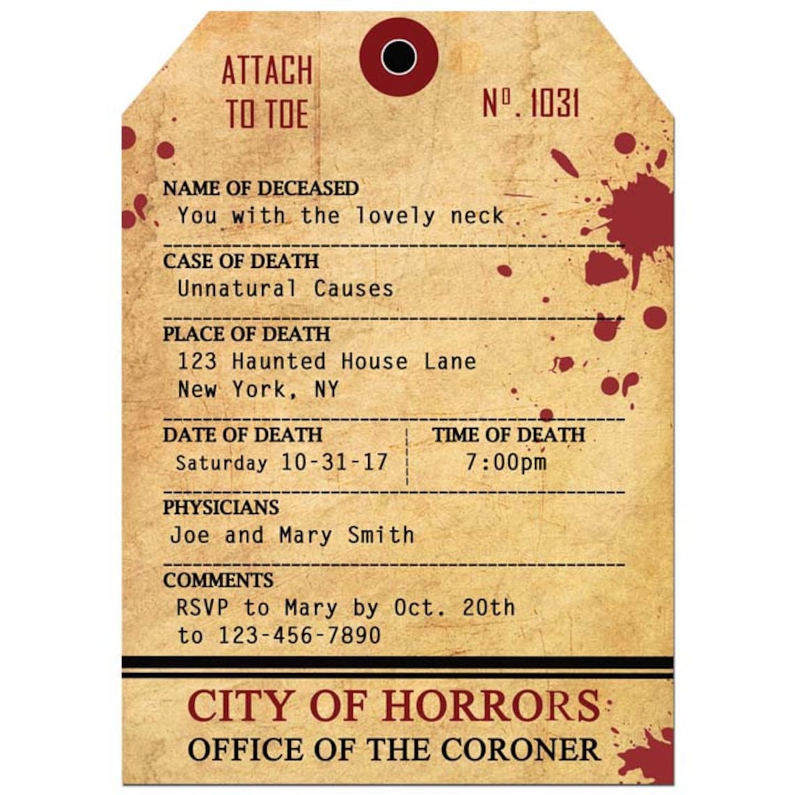 Halloween Toe Tag Invitation Printable or Printed with FREE | Etsy