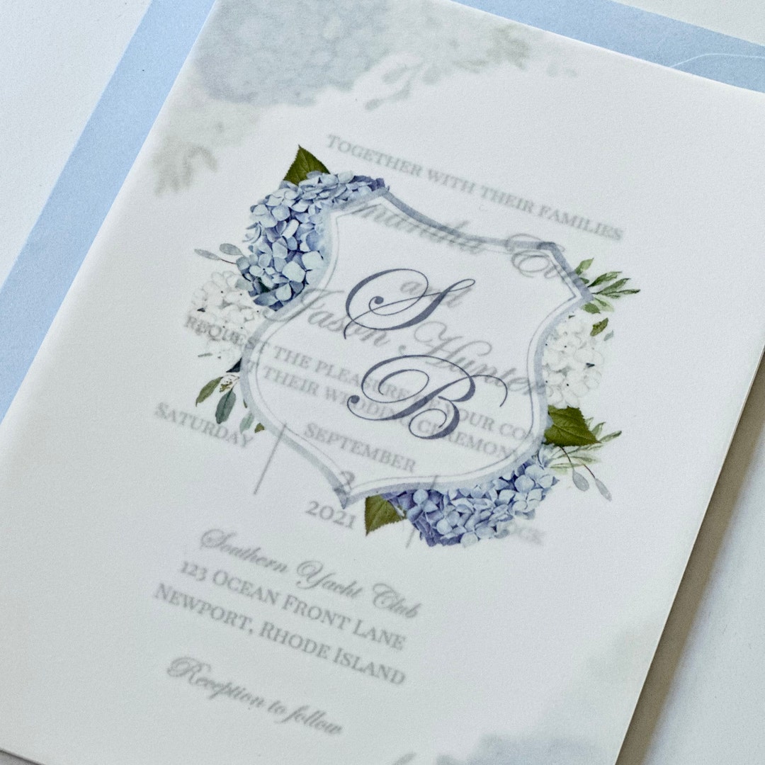 Hydrangea Crest Wedding Vellum Overlay 5x7 25 MIN ORDER Dusty Blue and Ivory Printed Monogram or ...