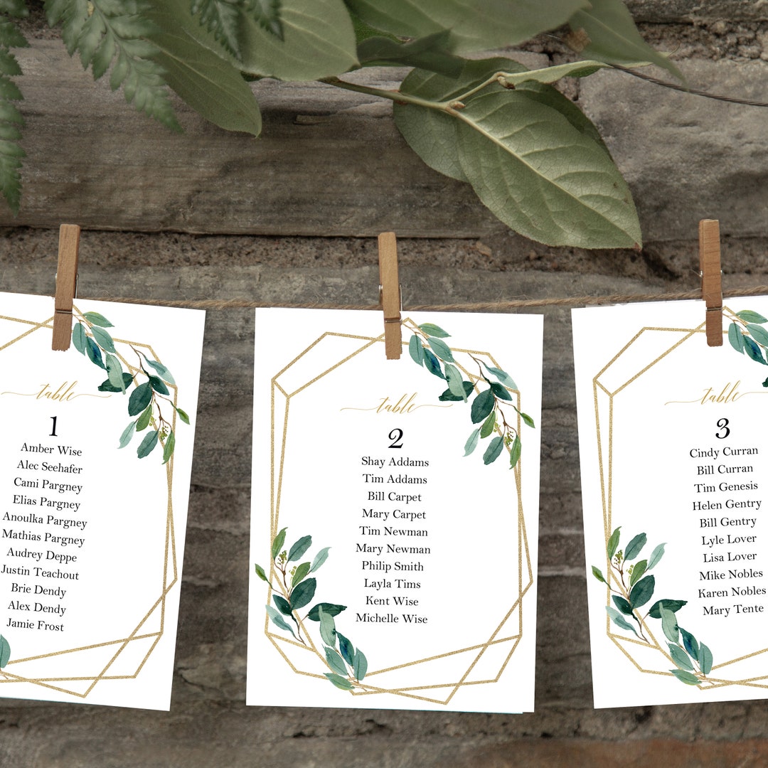 Greenery and Gold Wedding Seating Chart Cards 5x7" Printed - Geometric ...