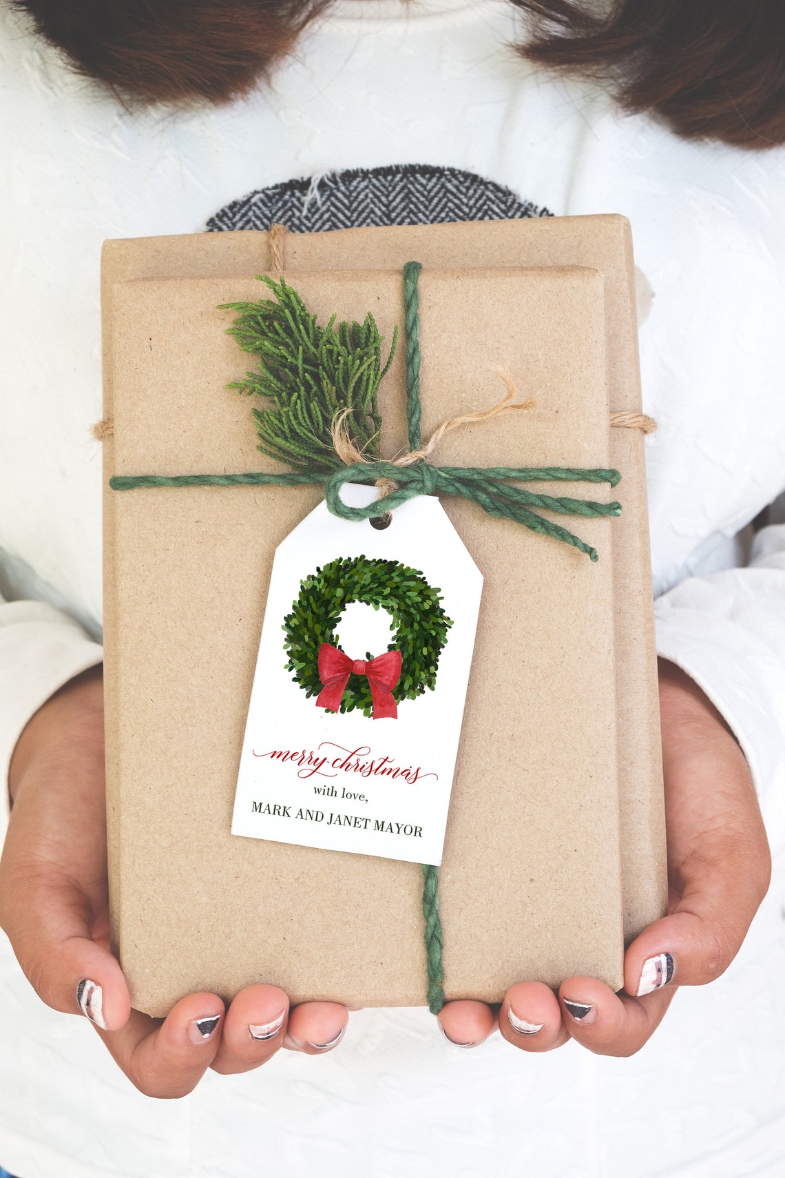 PRINTED Christmas Gift Tags Personalized Red Boxwood Bow Corporate Gift ...