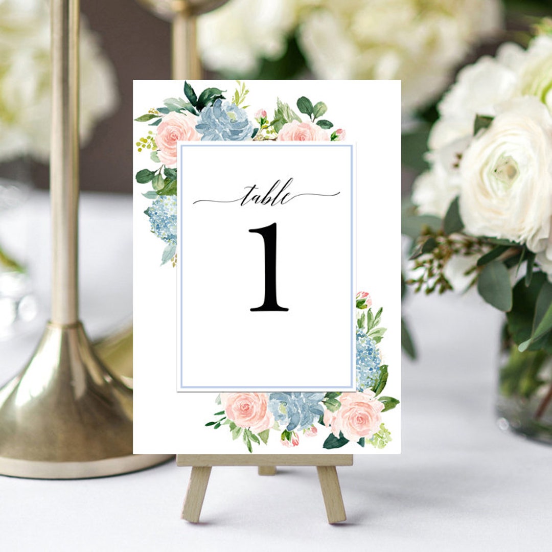 Blue and Blush Floral Table Number Cards 5x7" Printed - Blush and Blue ...