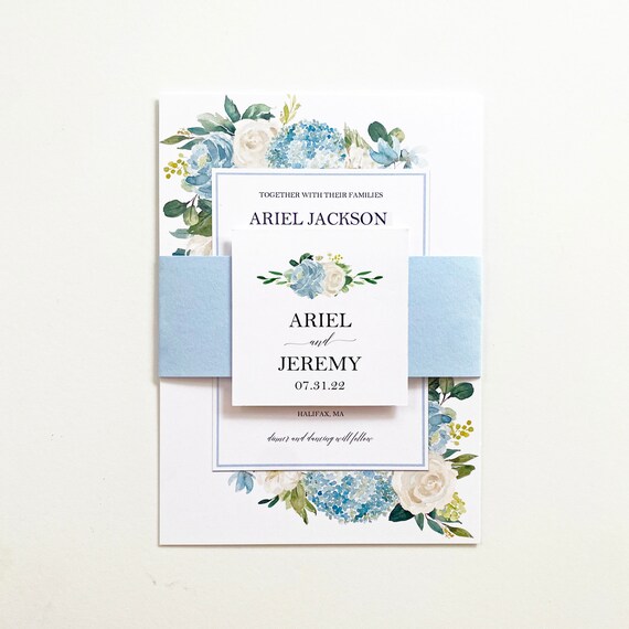 Blue and Ivory Wedding Tags and Belly Band for Wedding Invitations Wrap ...