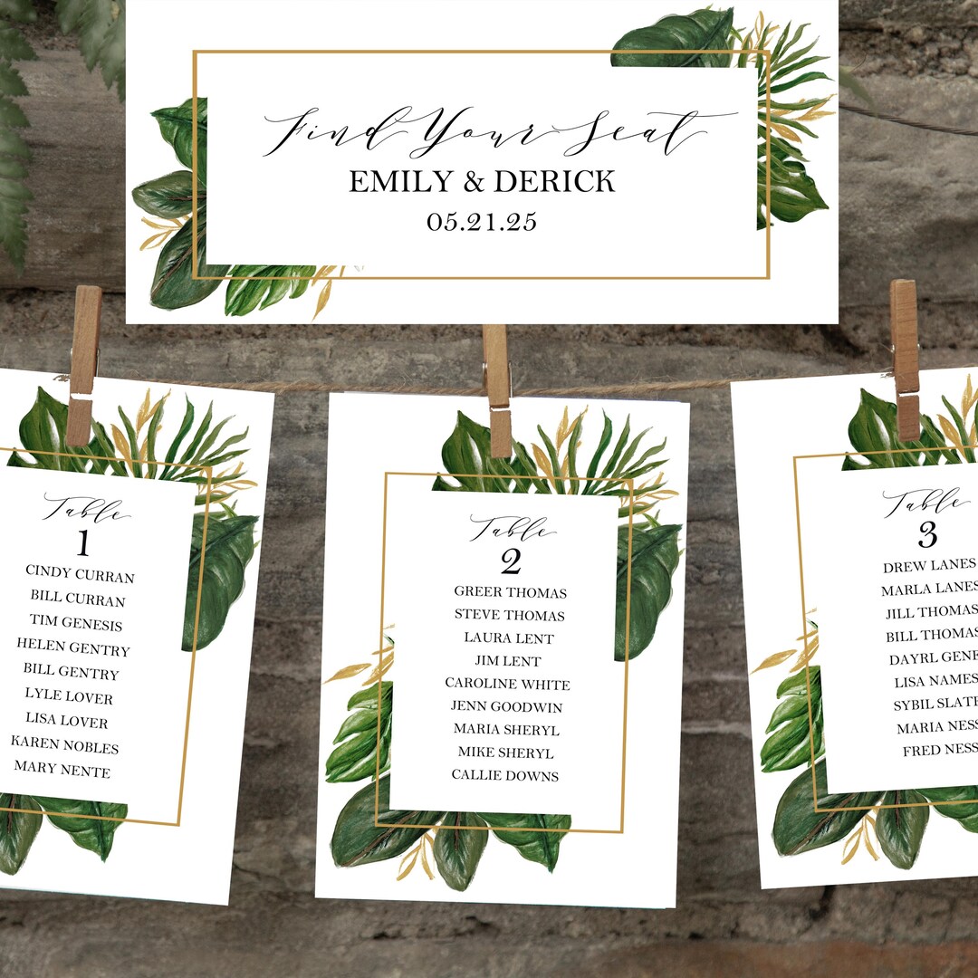Tropical Palms Wedding Seating Chart Cards 5x7" Printed - Amelie Gold ...