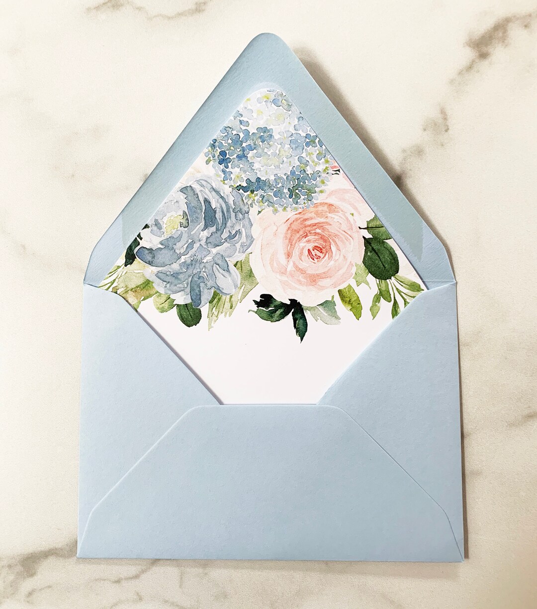 Blush and Blue Envelope Liners Add on Wedding Invitation Suite Dusty Blue and Blush Blooms ...