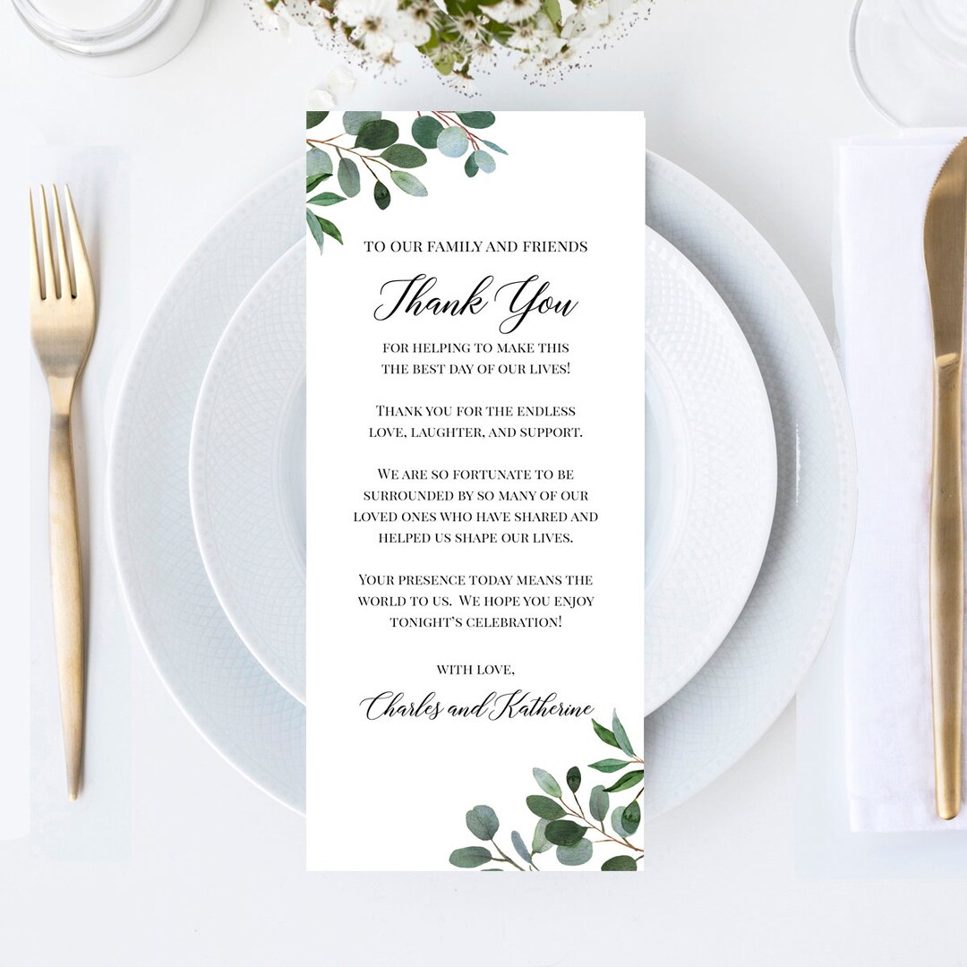 Greenery Wedding Thank You PRINTED Personalized Place Setting Card Note Table Eucalyptus Leaf ...